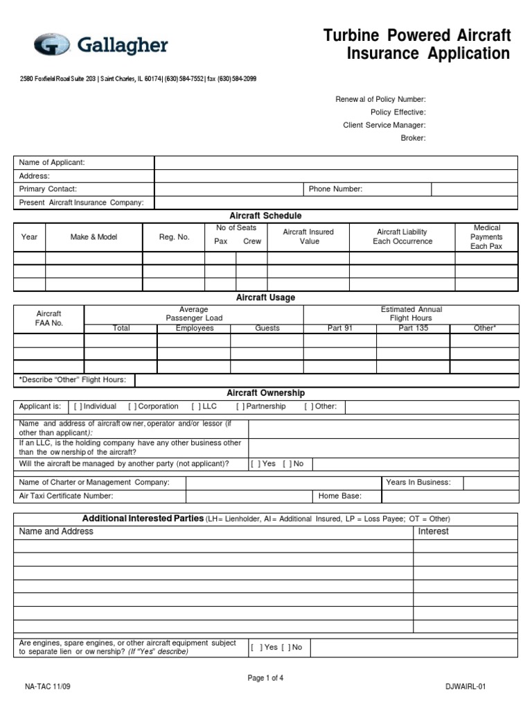 Gallagher Turbine Powered Aircraft Insurance Application - Indio ...