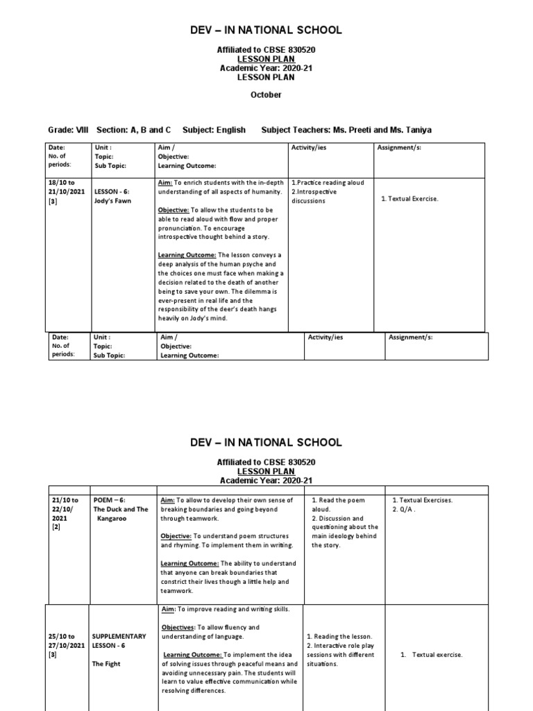 Grade 8 - Lesson Plan - September Month | PDF | Lesson Plan | Learning
