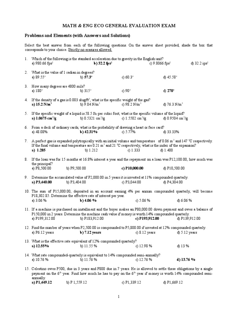 Math & Eng Eco General Evaluation Exam Problems and Elements (With ...