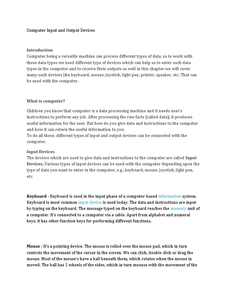 Computer Input and Output Devices | PDF | Printer (Computing) | Computer Monitor