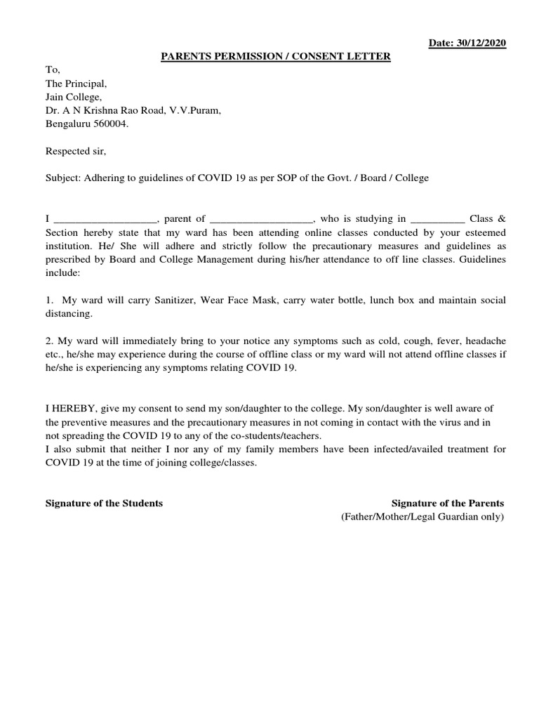 Consent Letter From Parents | PDF