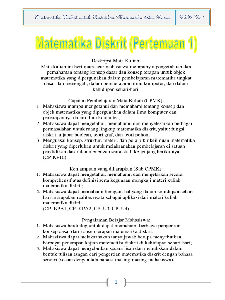 Materi Matematika Diskrit Yang Sesuai Dengan RPS Pertemuan 1 | PDF