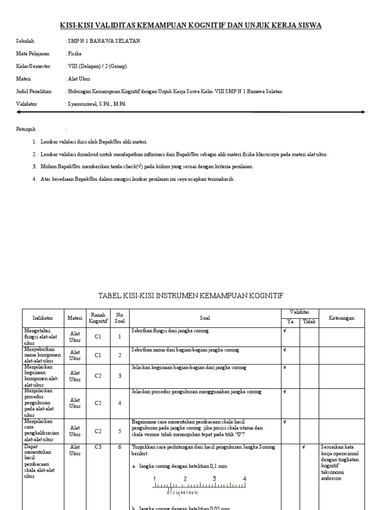 Lembar Validasi Tes Kemampuan Kognitif Dengan Tes Unjuk Kerja | PDF