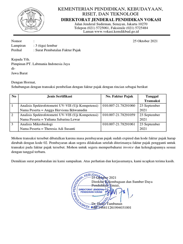 Surat Permohonan Pembatalan E Faktur Pajak Pdf