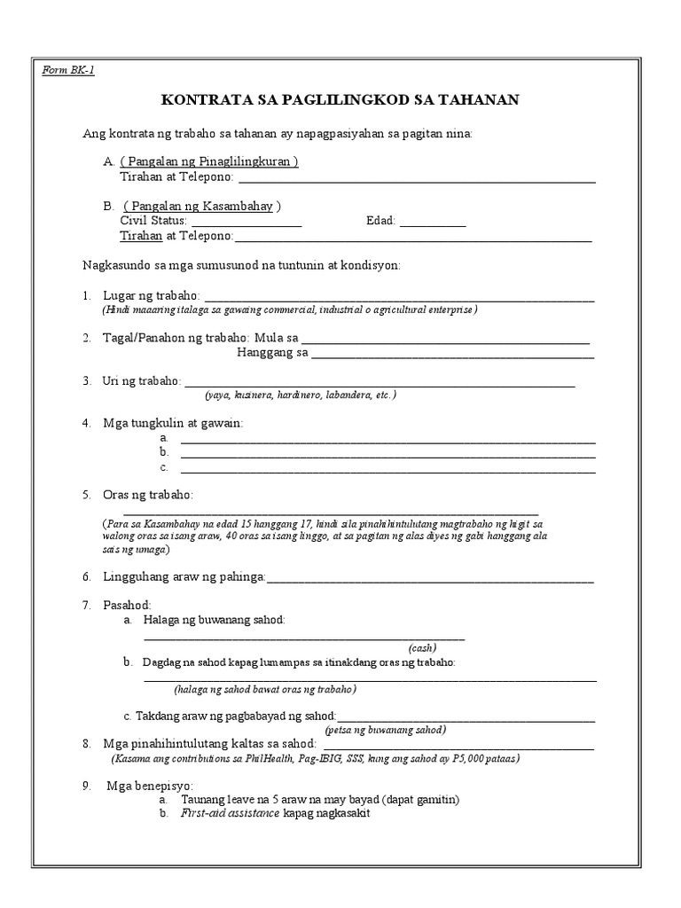 Kasambahay Contract Sample - 1 2 | PDF