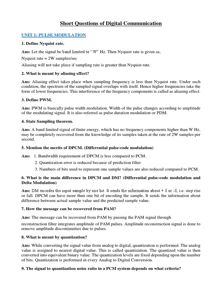 Short Questions of Digital Communication: Unit 1: Pulse Modulation | PDF | Sampling (Signal ...