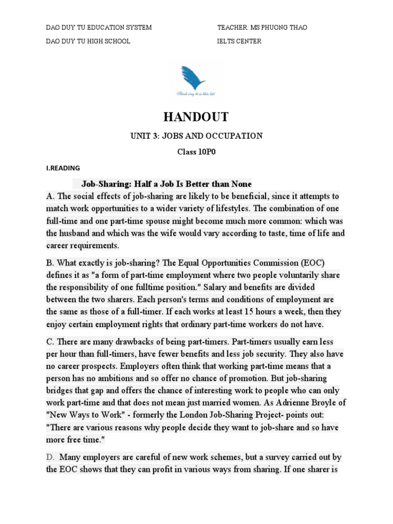Handout: Job-Sharing: Half A Job Is Better Than None | PDF | Employment ...