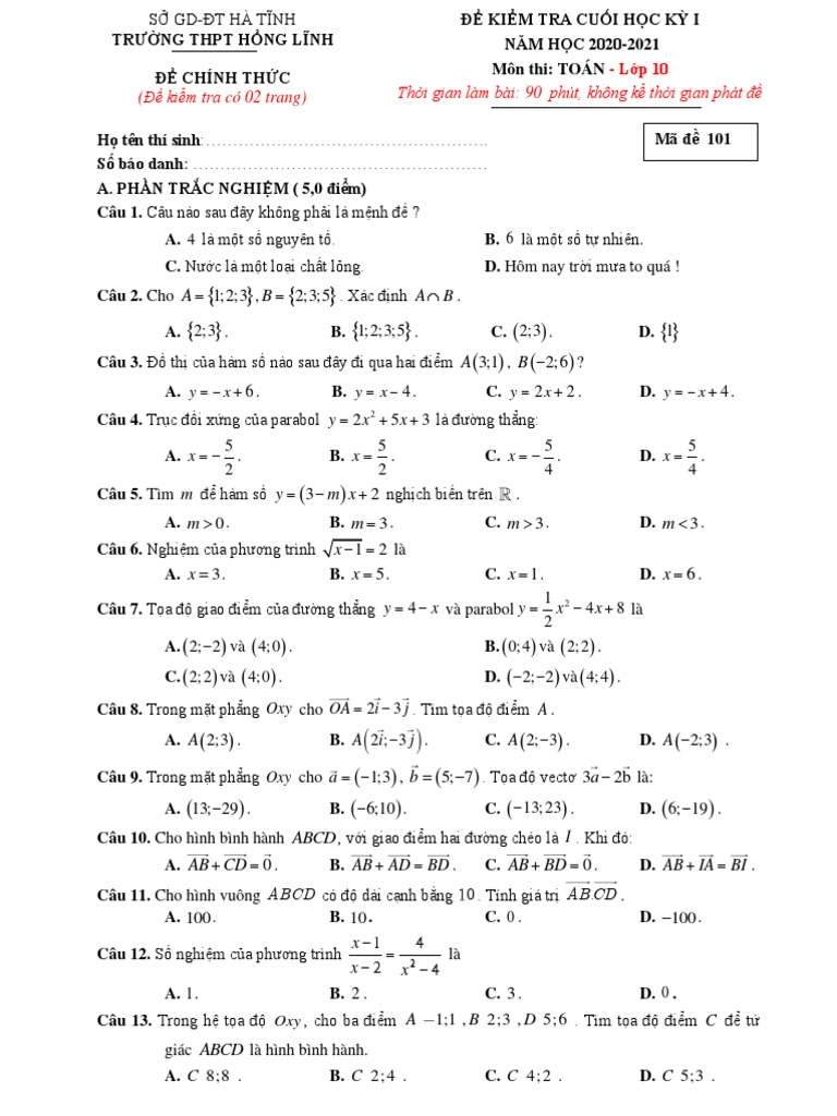 De Thi Cuoi Ky 1 Toan 10 Nam 2020 2021 Truong THPT Hong Linh Ha Tinh | PDF