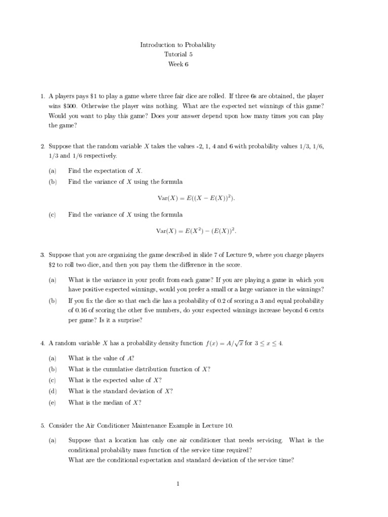 Tutorial 5 | PDF | Variance | Expected Value
