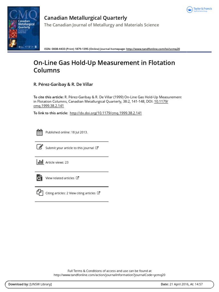 On-Line Gas Hold-Up Measurement in Flotation Columns: Canadian Metallurgical Quarterly | PDF ...