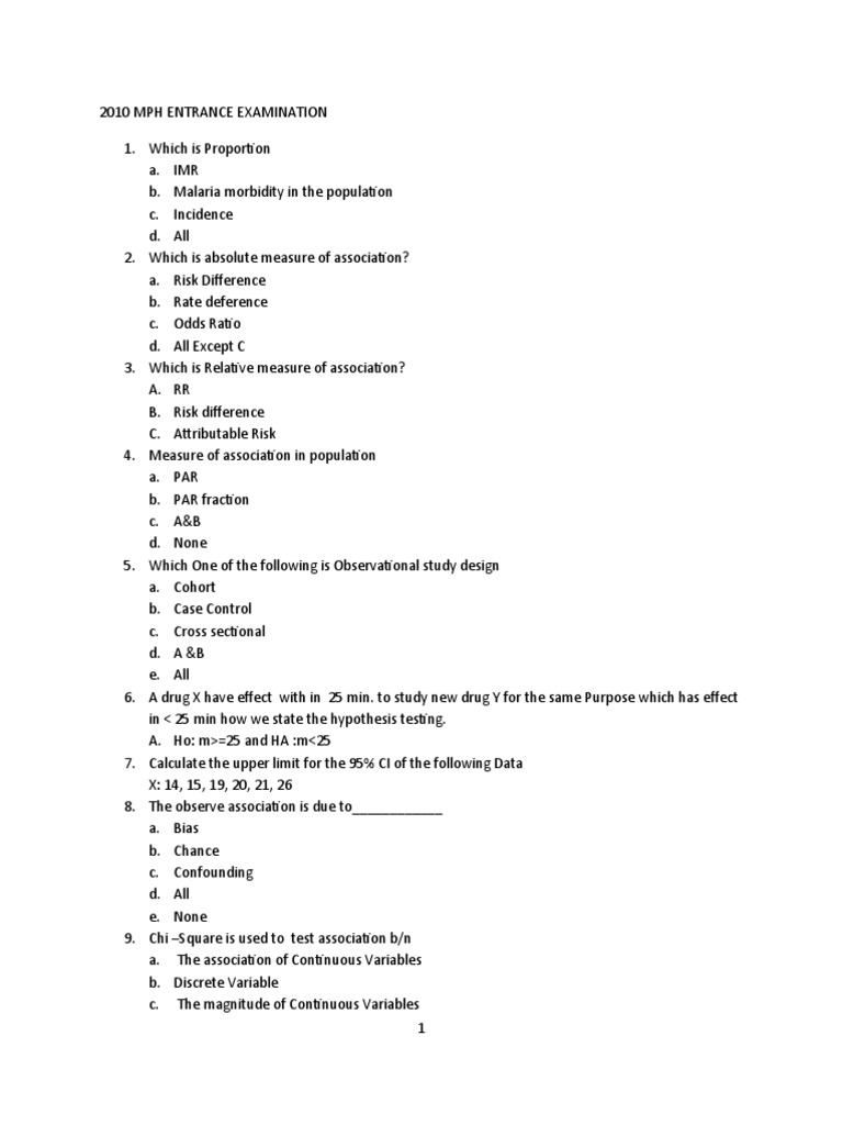 2010 MPH Entrance Examination | PDF | Health Sciences | Medical Specialties
