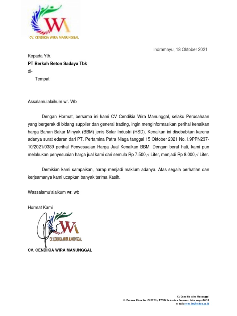 Surat Pemberitahuan Penyesuaian Harga Solar | PDF
