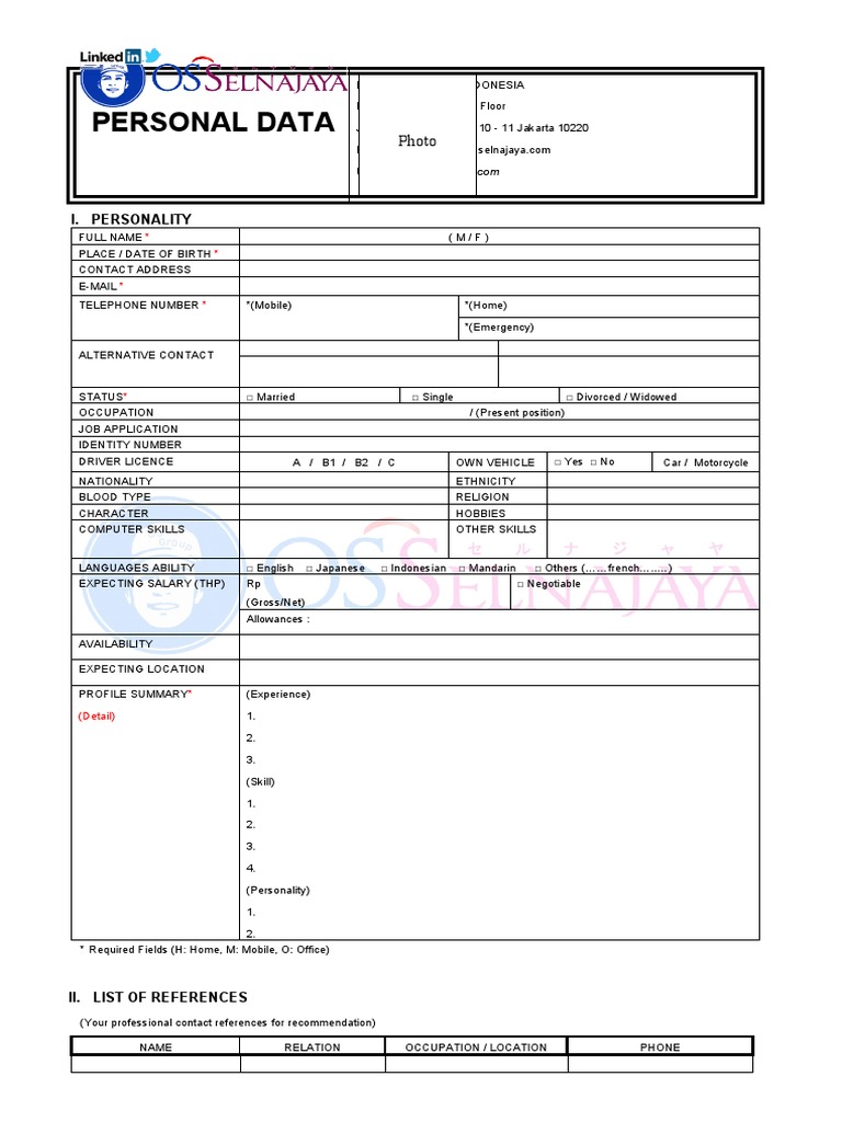 2020 Personal Data Form OS Selnajaya. | PDF