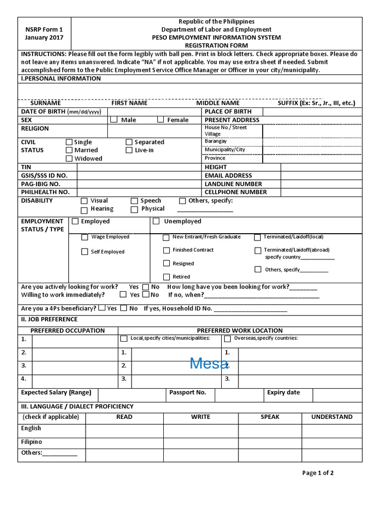 NSRP Form 1 Jobseeker Reg Form | PDF | Employment