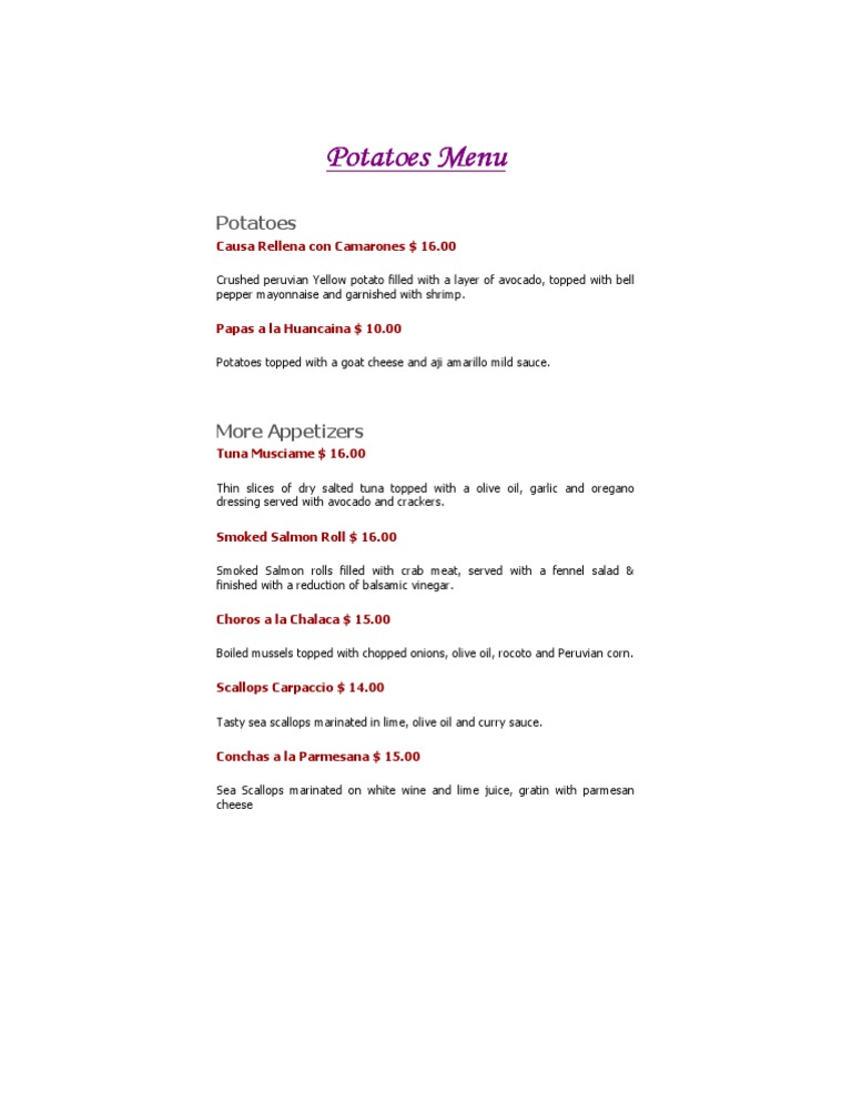 Peruvian Potato Dishes and Appetizers | PDF