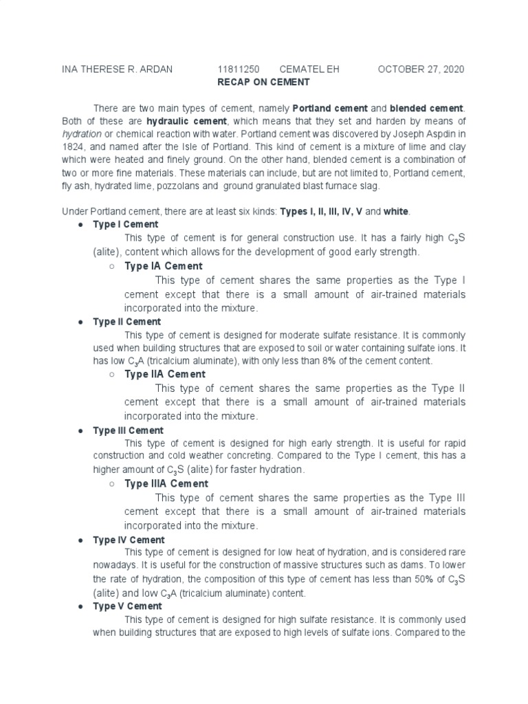Ardan 11811250 Cematel Module 1 Recap On Cement | PDF | Materials ...