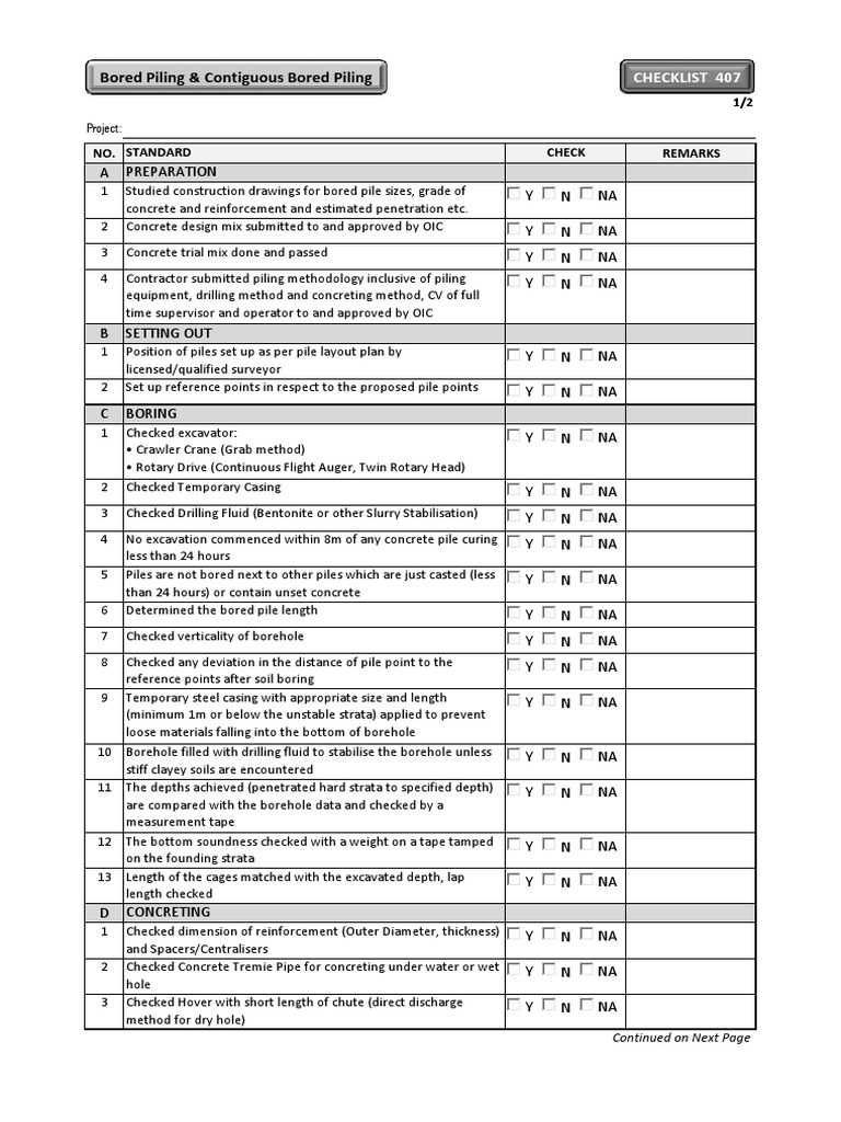 Checklist407 - Bored Piling and Contiguous Bored Piling | PDF | Deep ...