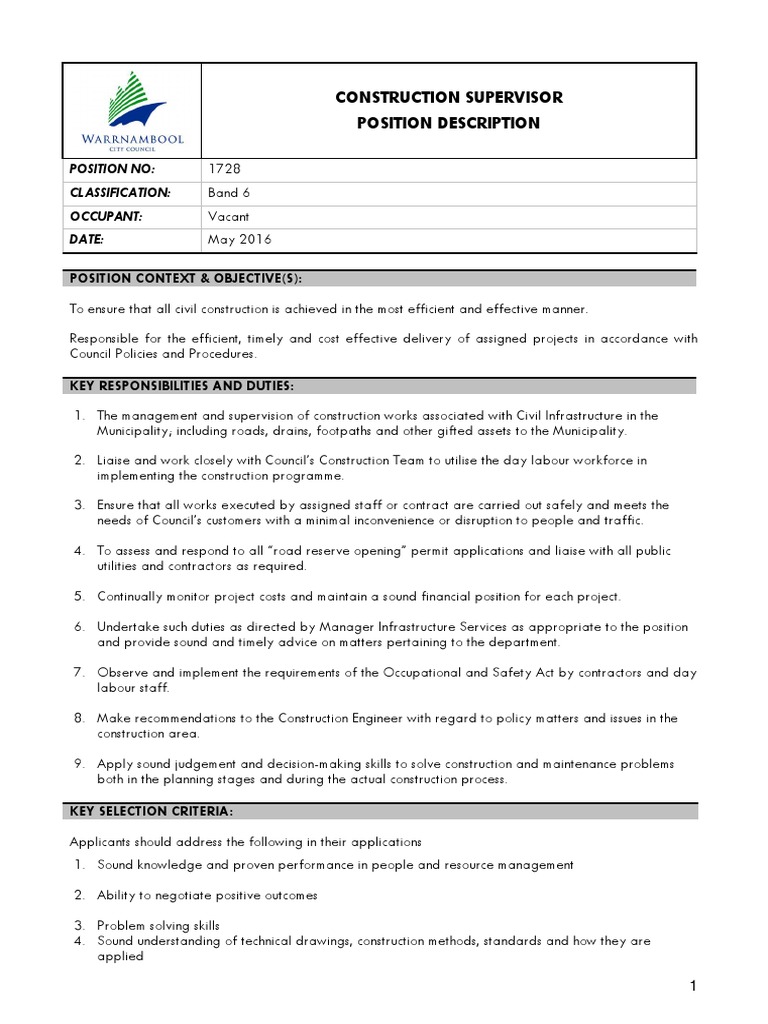 Construction Supervisor Role | PDF | Employment | Records Management