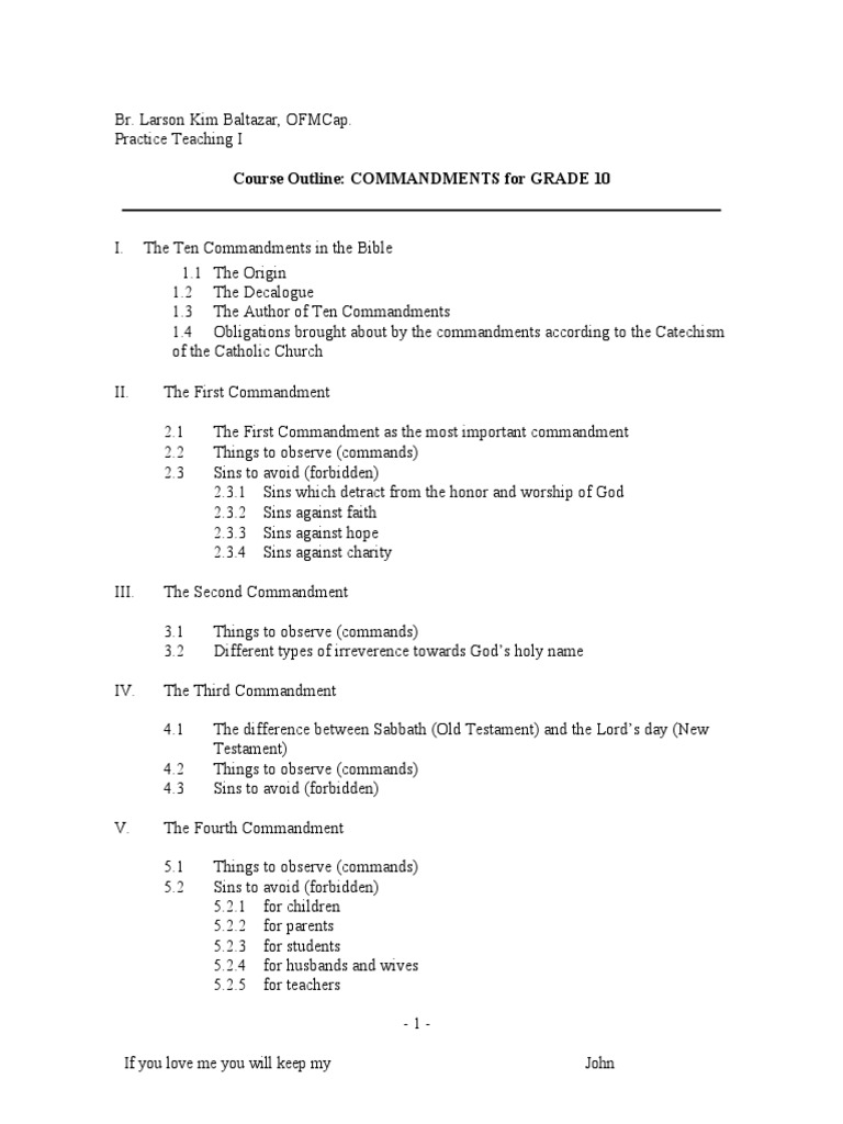 Course Outline: COMMANDMENTS For GRADE 10 | PDF | Ten Commandments ...