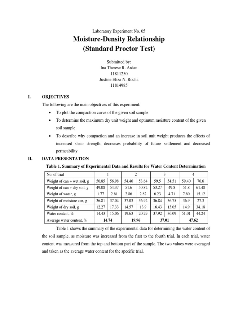 Moisture-Density Relationship (Standard Proctor Test) : I. Objectives ...