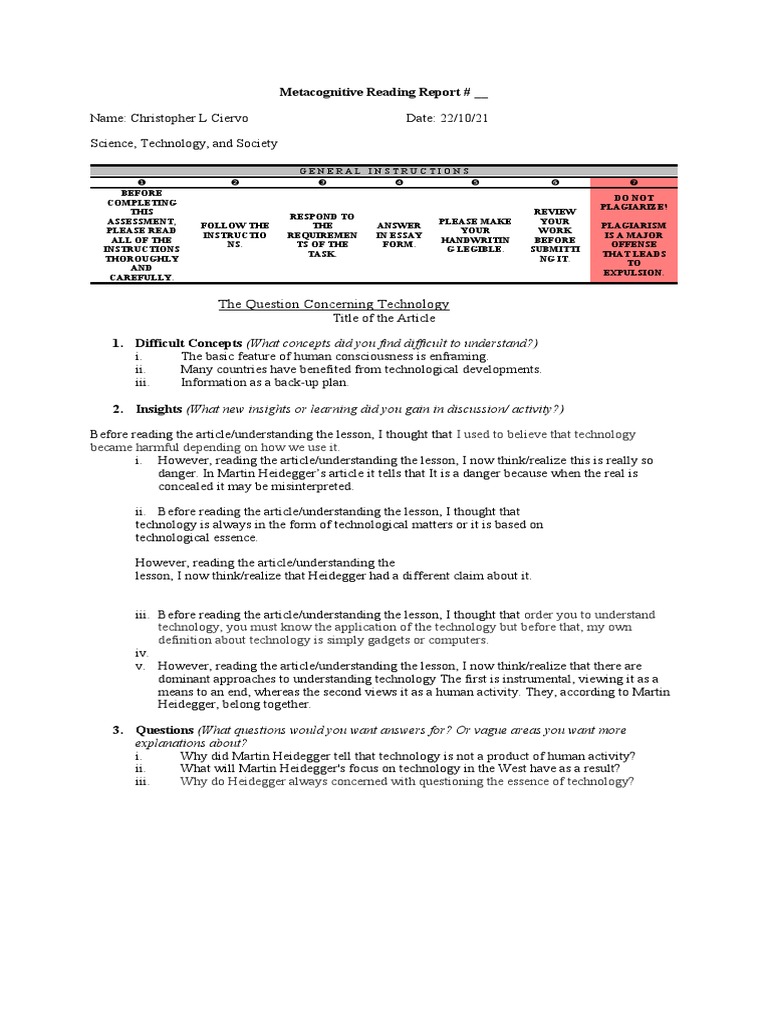 Metacognitive Reading Report Template-STS-1 (3) .Docxchrisciervo321 | PDF | Martin Heidegger ...
