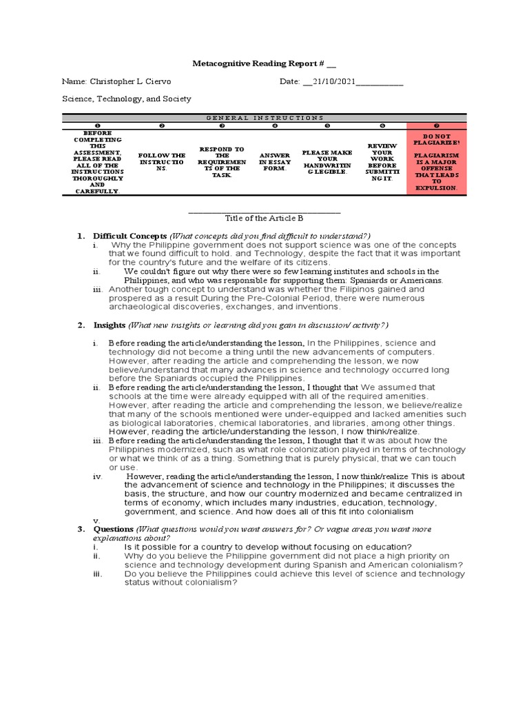 ChrisciervoMetacognitive Reading Report Template-STS-1 | PDF | Science ...
