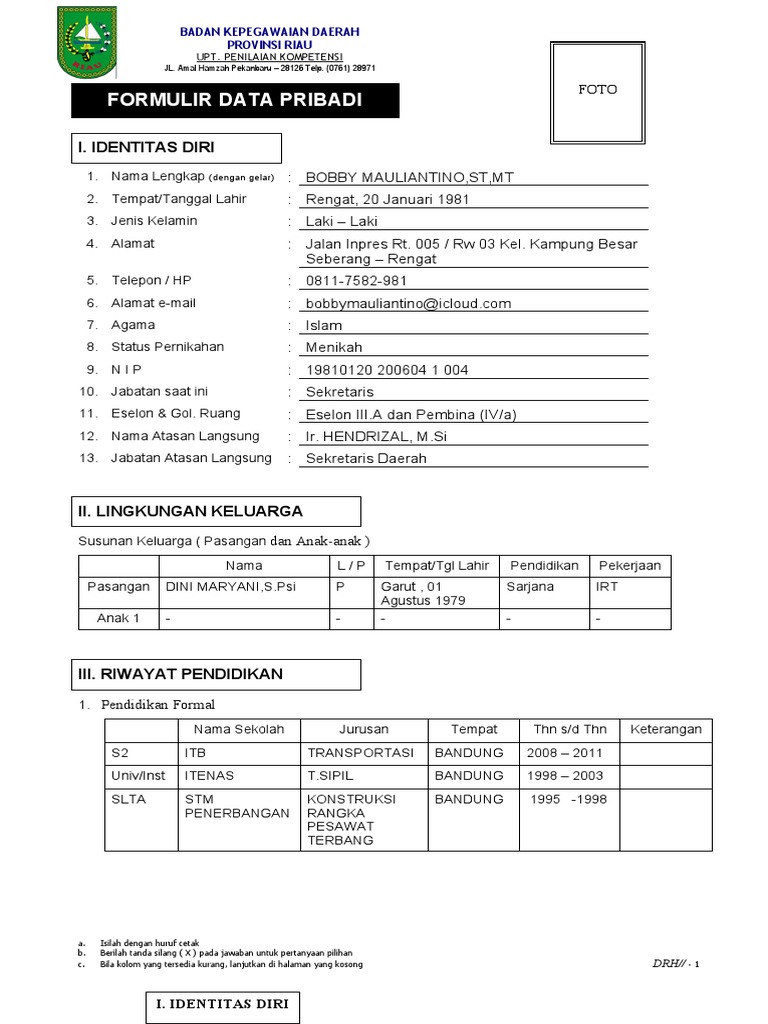 Formulir Data Pribadi: I. Identitas Diri | PDF