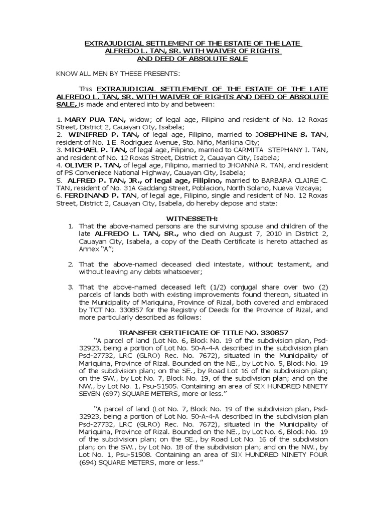 1 - Extrajudicial With Waiver of Rights and Absolute Sale 6-11-19 Tan ...