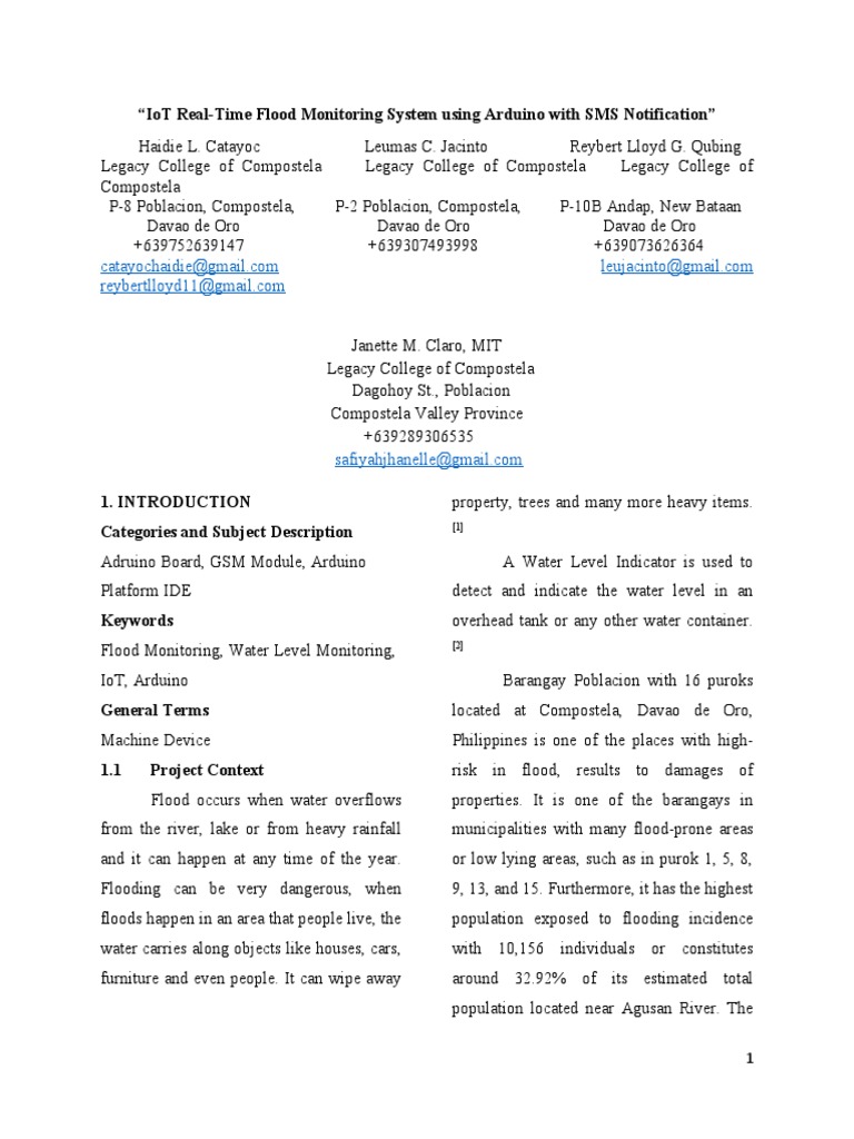 Iot Real Time Flood Monitoring System Using Arduino With Sms Notification Pdf Internet Of