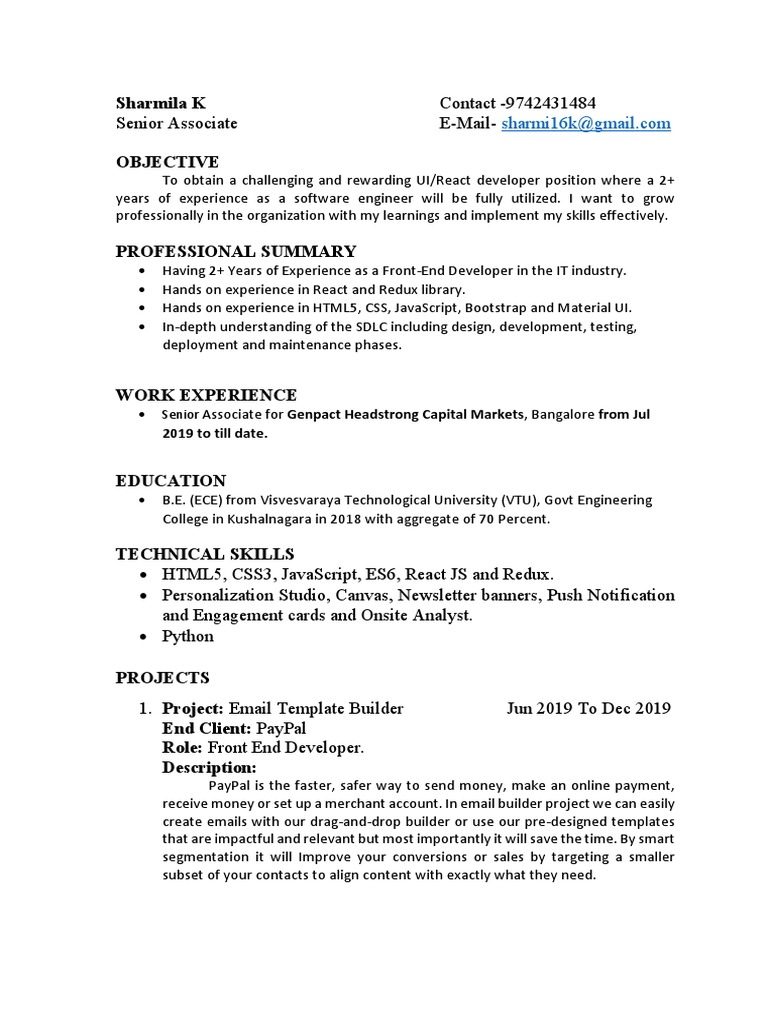 UI/React Developer Resume | PDF | User Interface | Microsoft Visual Studio