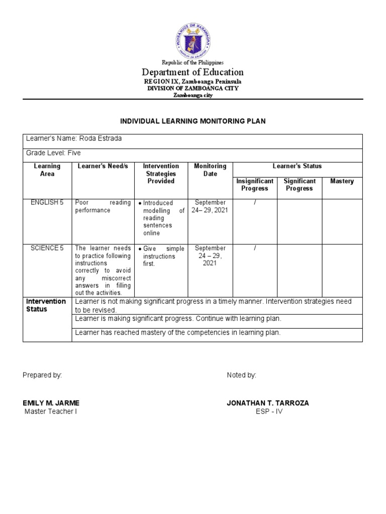 Department of Education: Individual Learning Monitoring Plan | PDF