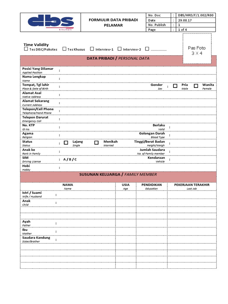 (DBS-HRD-F-1.002) Form Data Pribadi Pelamar | PDF