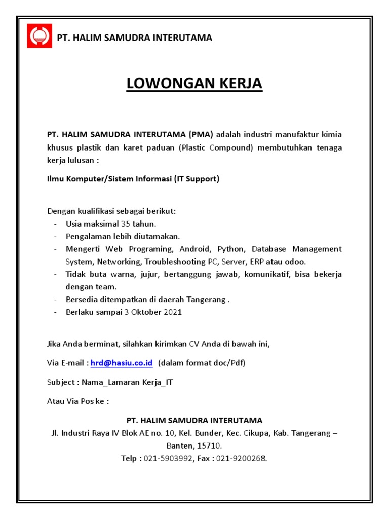 Lowongan IT di PT Halim Samudra | PDF