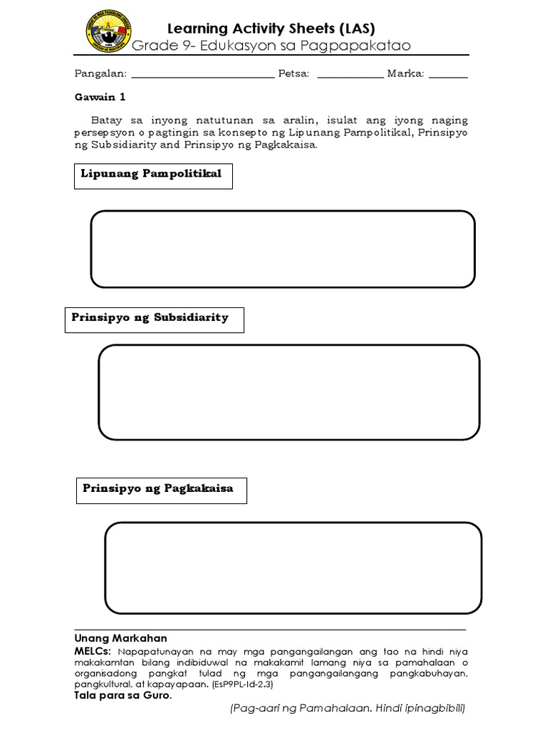Grade 9-Edukasyon Sa Pagpapakatao: Learning Activity Sheets (LAS) | PDF