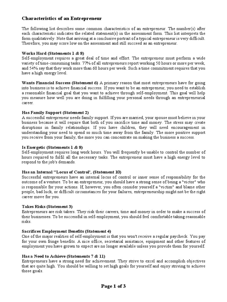 Entrepreneurial Self-Assessment Solutions | PDF | Entrepreneurship ...