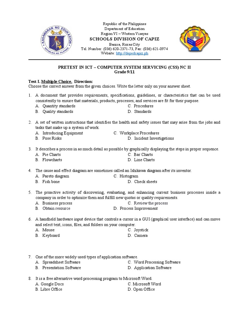 PRETEST-ICT - CSS NC II Grade-9 or 11 | PDF | Computer Data Storage ...