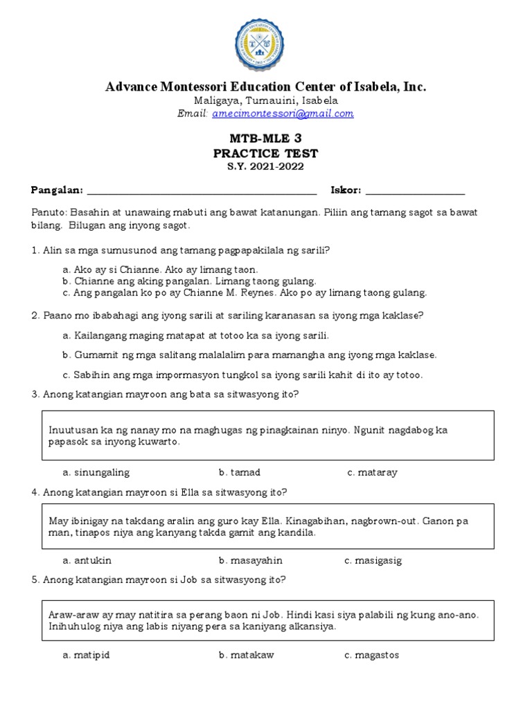 Practice Test Mtb3 First Quarter | PDF