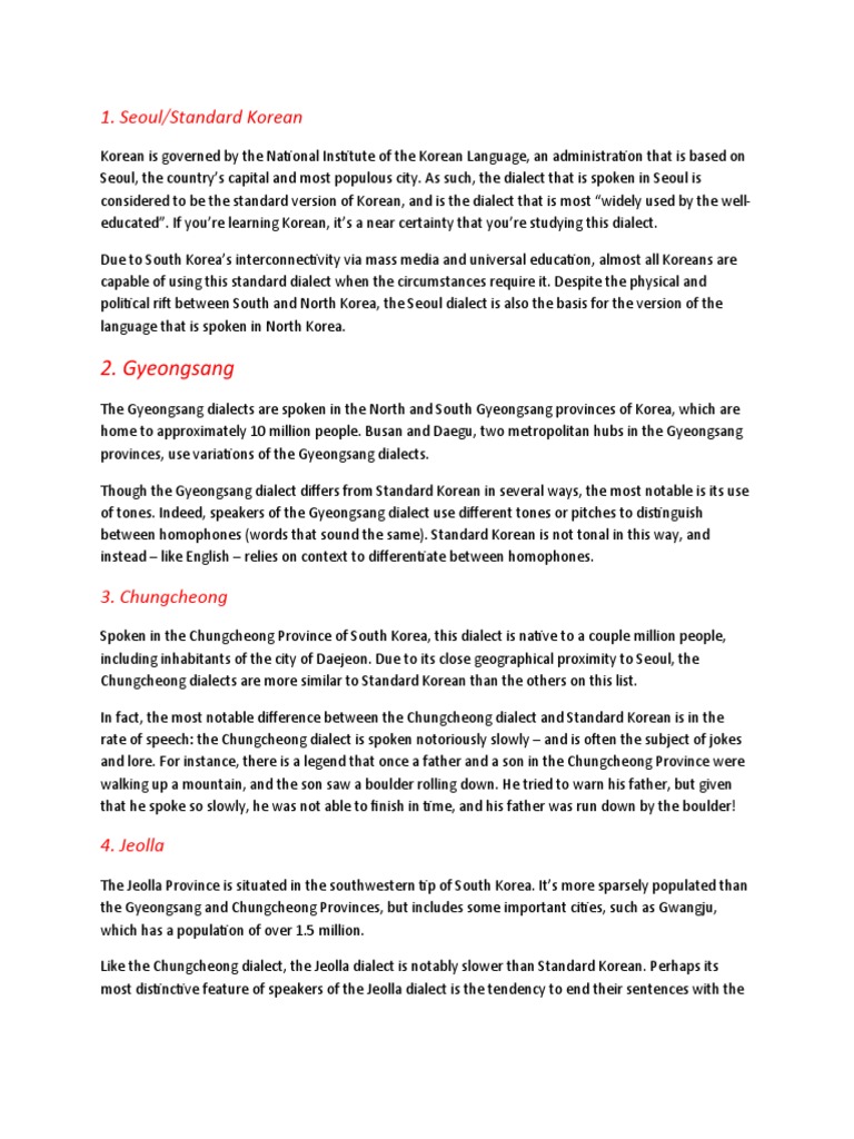 Standard Korean & Major Dialects in South Korea | PDF | Korean Language ...