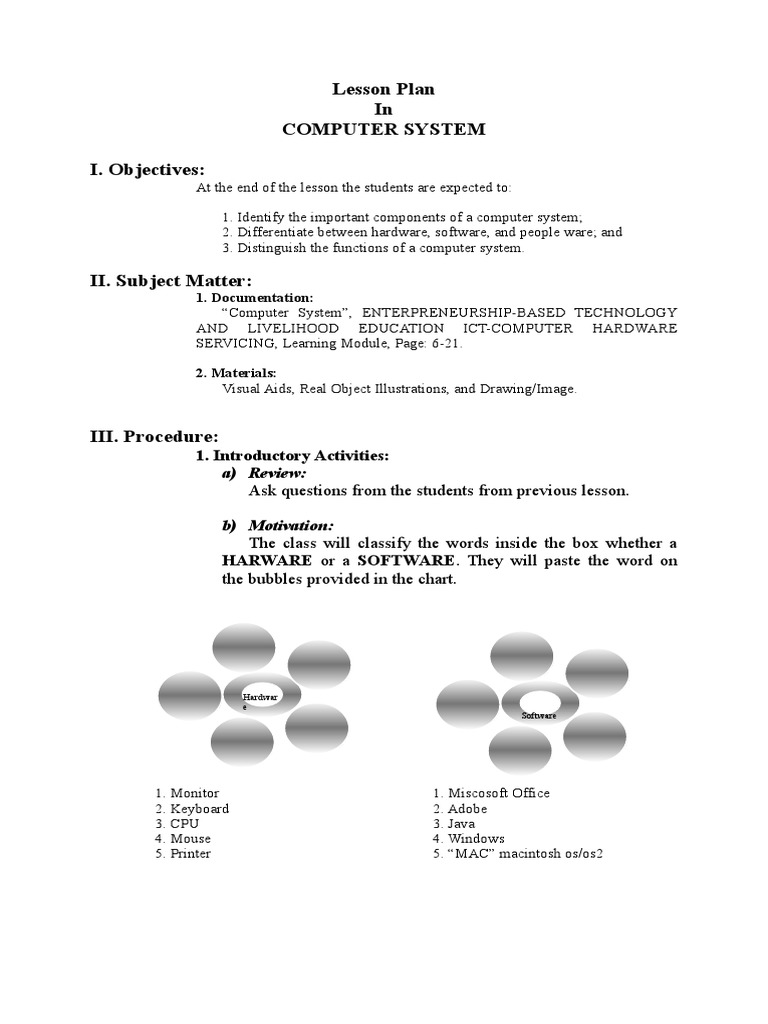 Lesson Plan in Computer System I. Objectives:: 1. Introductory ...