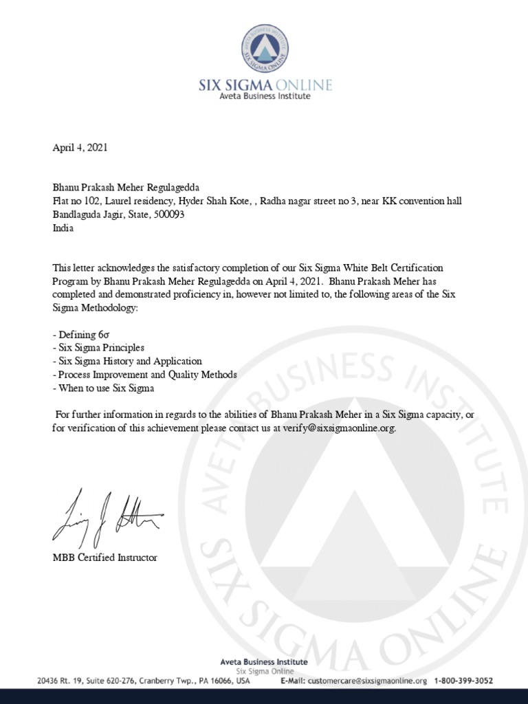 Six Sigma White Belt Certification - Letter of Acknowledgement | PDF ...