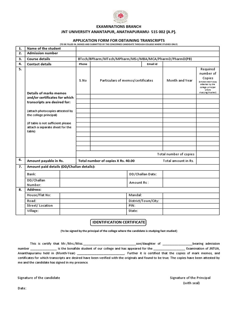 JNTUA Transcript Application Form | PDF | Qualifications | Vocational ...