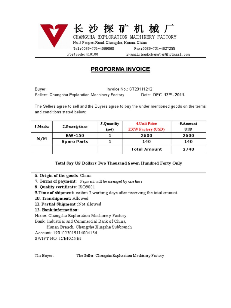 Changsha Exploration Machinery Factory: Proforma Invoice | PDF