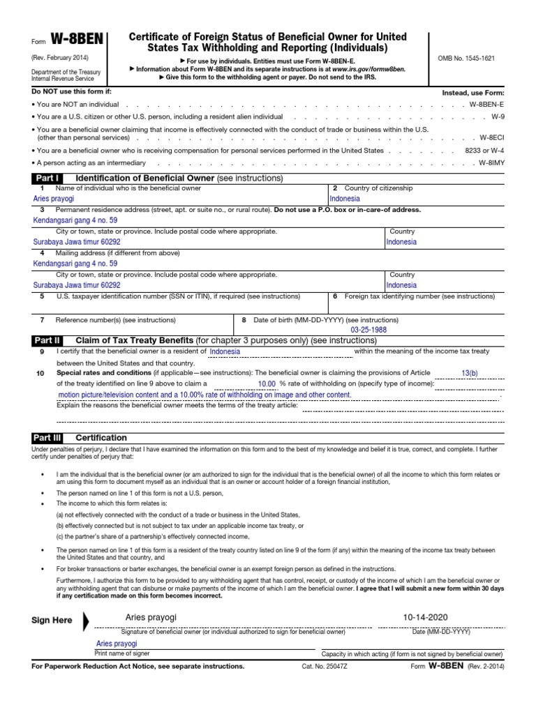 W-8BEN: Certificate of Foreign Status of Beneficial Owner For United ...