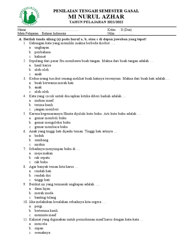 Soal PTS B. Indonesia Kelas 2 | PDF