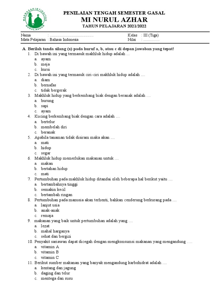 Soal PTS B. Indonesia Kelas 3 | PDF