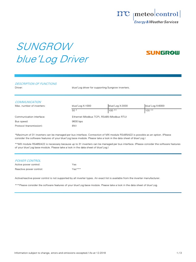 Sungrow Blue'log Driver: Description of Functions | PDF | Power ...