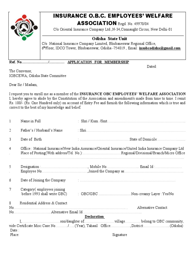 OBC Employees' Welfare Membership Form | PDF | Government