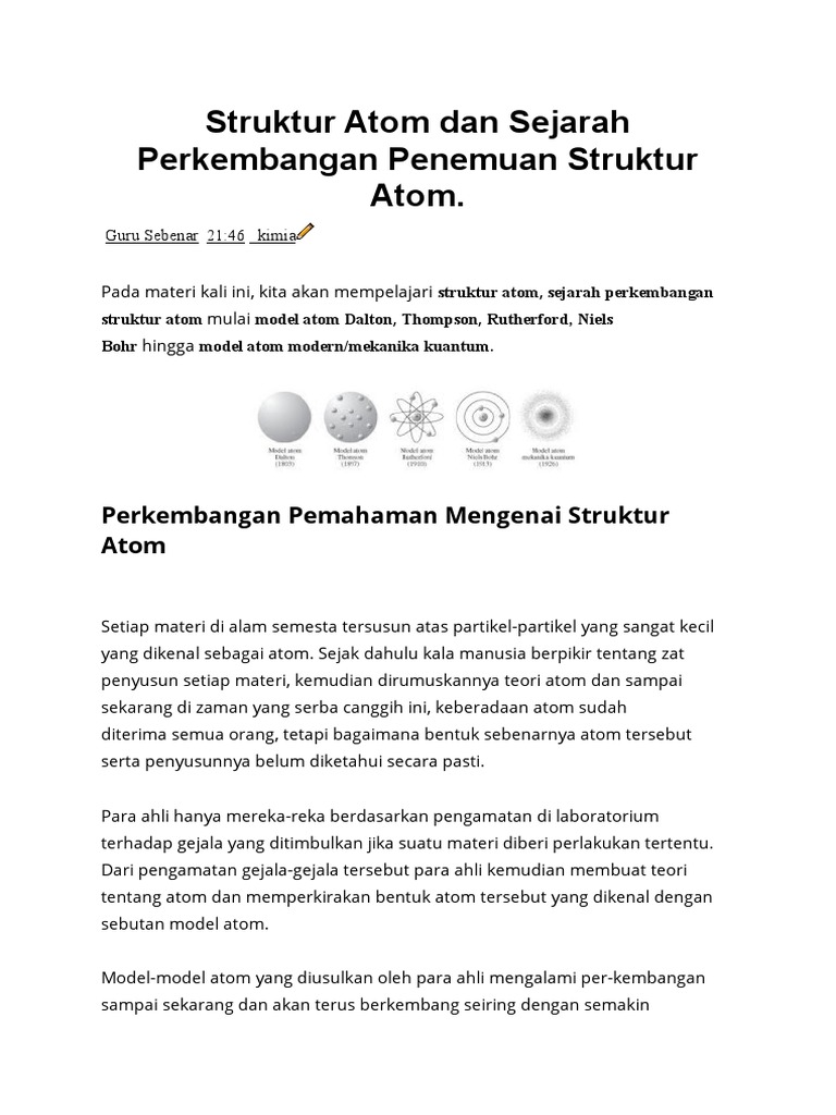Teori Atom, Struktur Atom Dan Sejarah Perkembangan Penemuan Struktur Atom | PDF