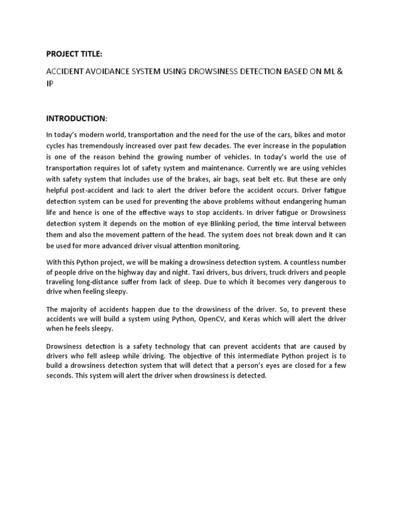 Accident Avoidance System Using Drowsiness Detection Based On ML & IP | PDF | Computing ...
