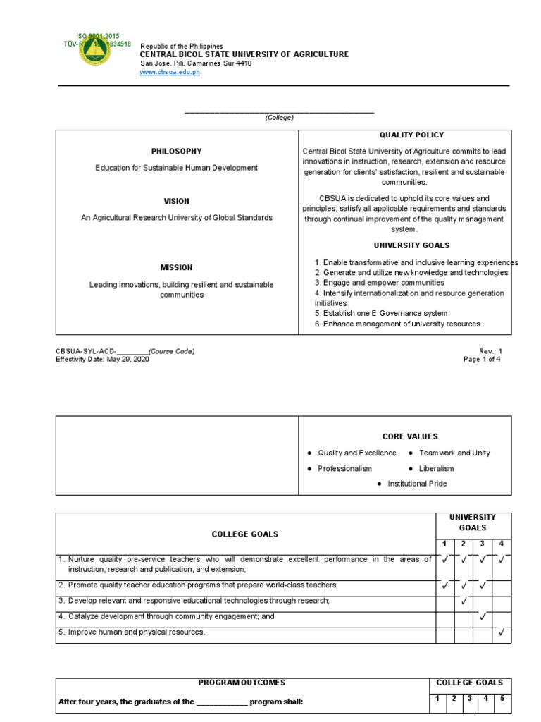 CBSUA Mission, Vision, and Core Values | PDF | Sustainability ...